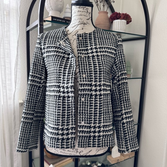 Zara | Jackets & Coats | Zara Houndstooth Jacket Coat Blazer Black ...